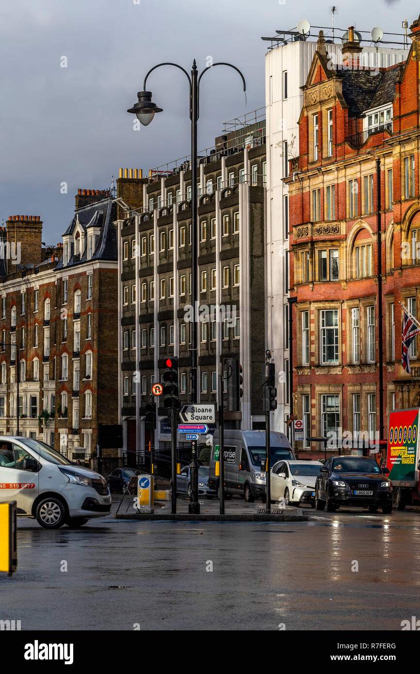 Rain shower sunlight illuminates The Lister Hospital, Chelsea Bridge Rd ...