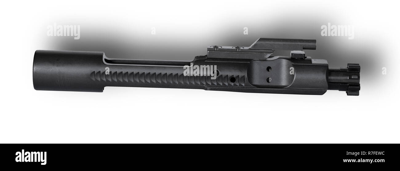 Assault rifle bolt carrier group on a white background with shadow ...
