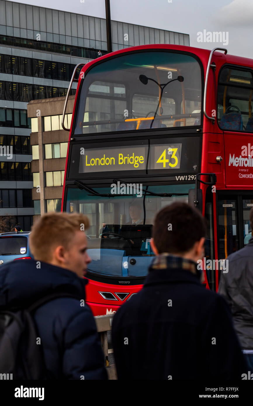 Number 43 London bus crossing London Bridge at commuter time. London ...