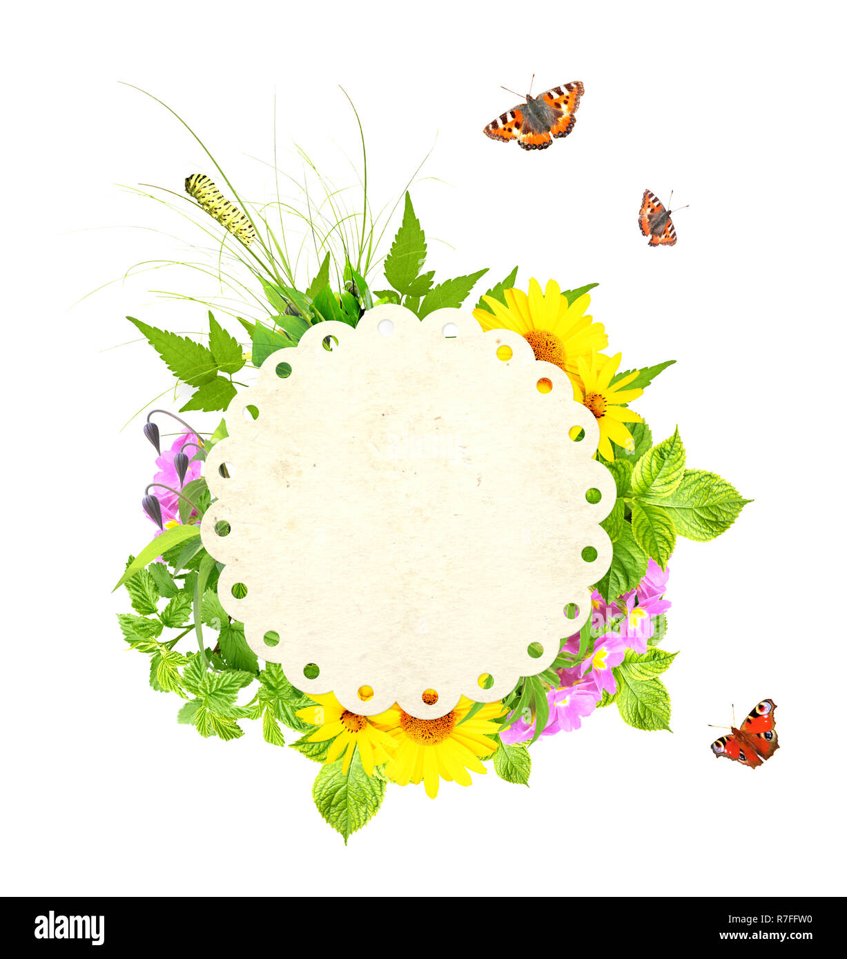 Message of nature. Round paper label, flowers, green leaves ...