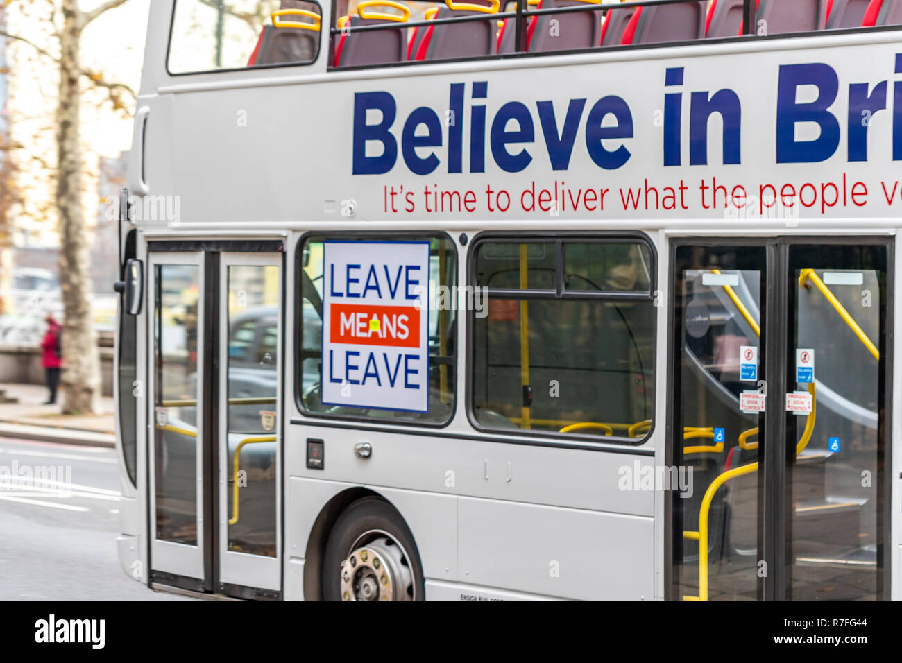 Brexit posters on a double decker bus. Political campaigning on the ...