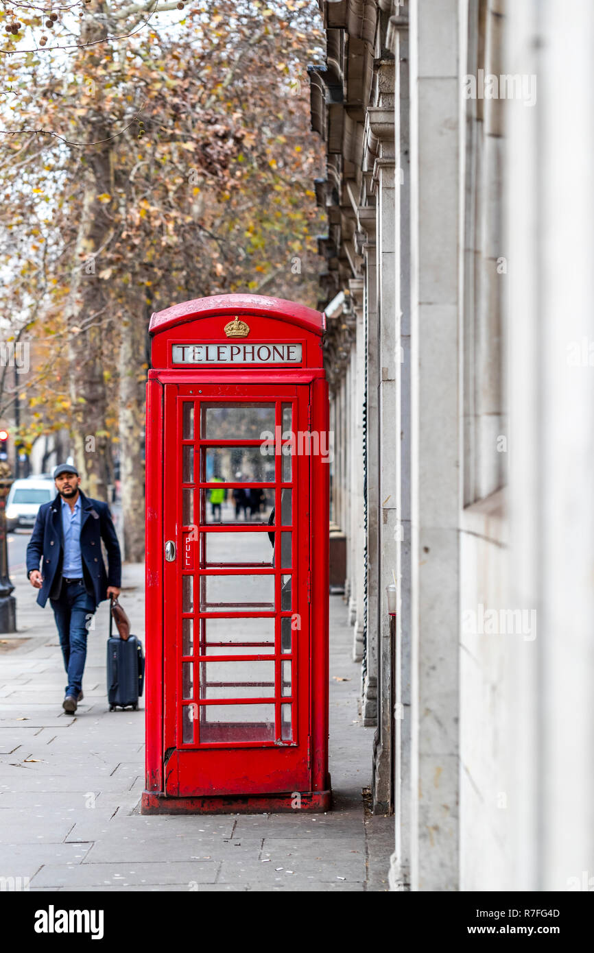 Red UK telephone box on Victoria Embankment at Temple Station. London ...