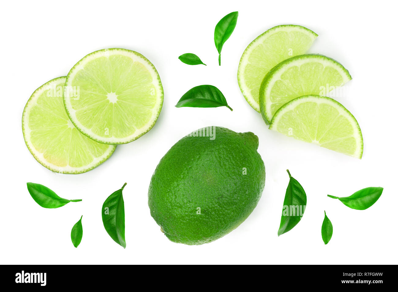 sliced lime with leaves isolated on white background. Top view. Flat ...