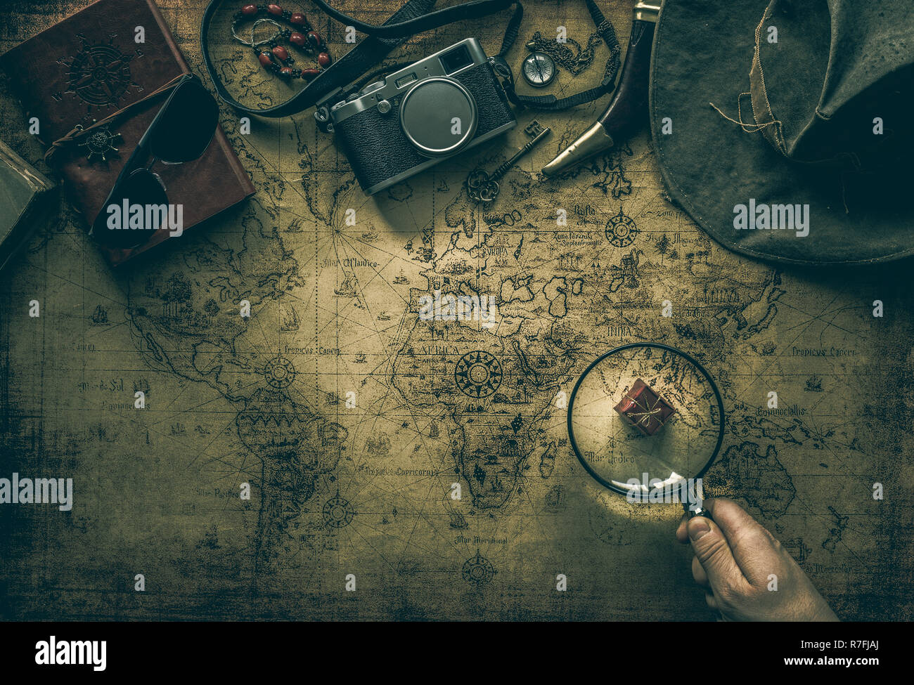 old map and vintage travel equipment / expedition concept, treasure ...