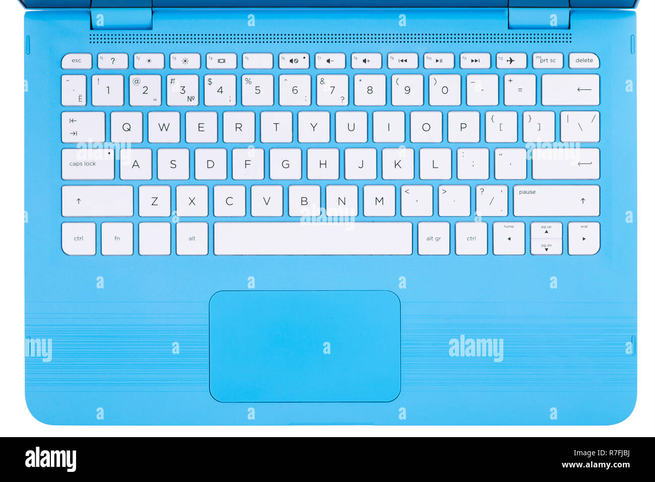 Keyboard of blue laptop with white keys, top view Stock Photo - Alamy