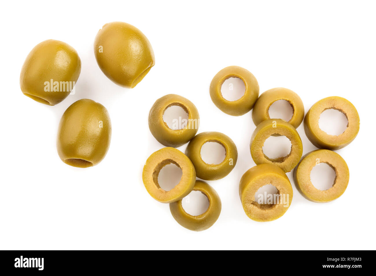 Green olives isolated on a white background. Top view. Flat lay Stock ...