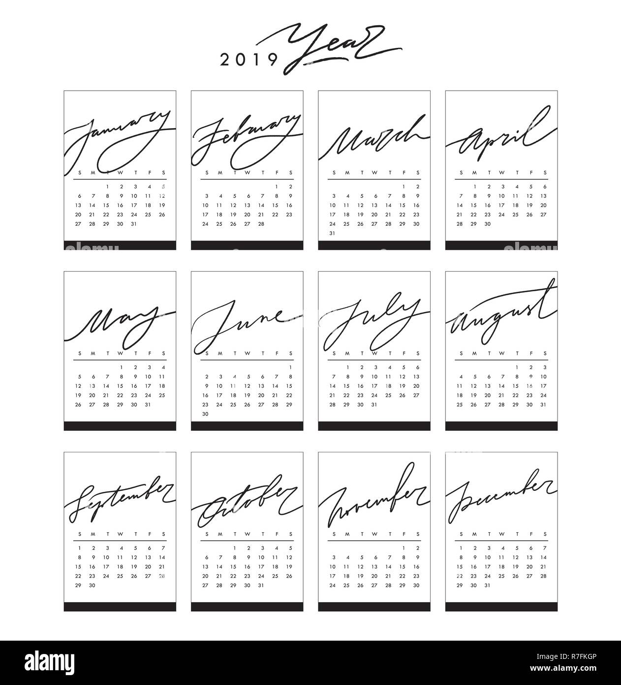 Stylish 2019 calendar template with hand drawn lettering Stock Vector ...