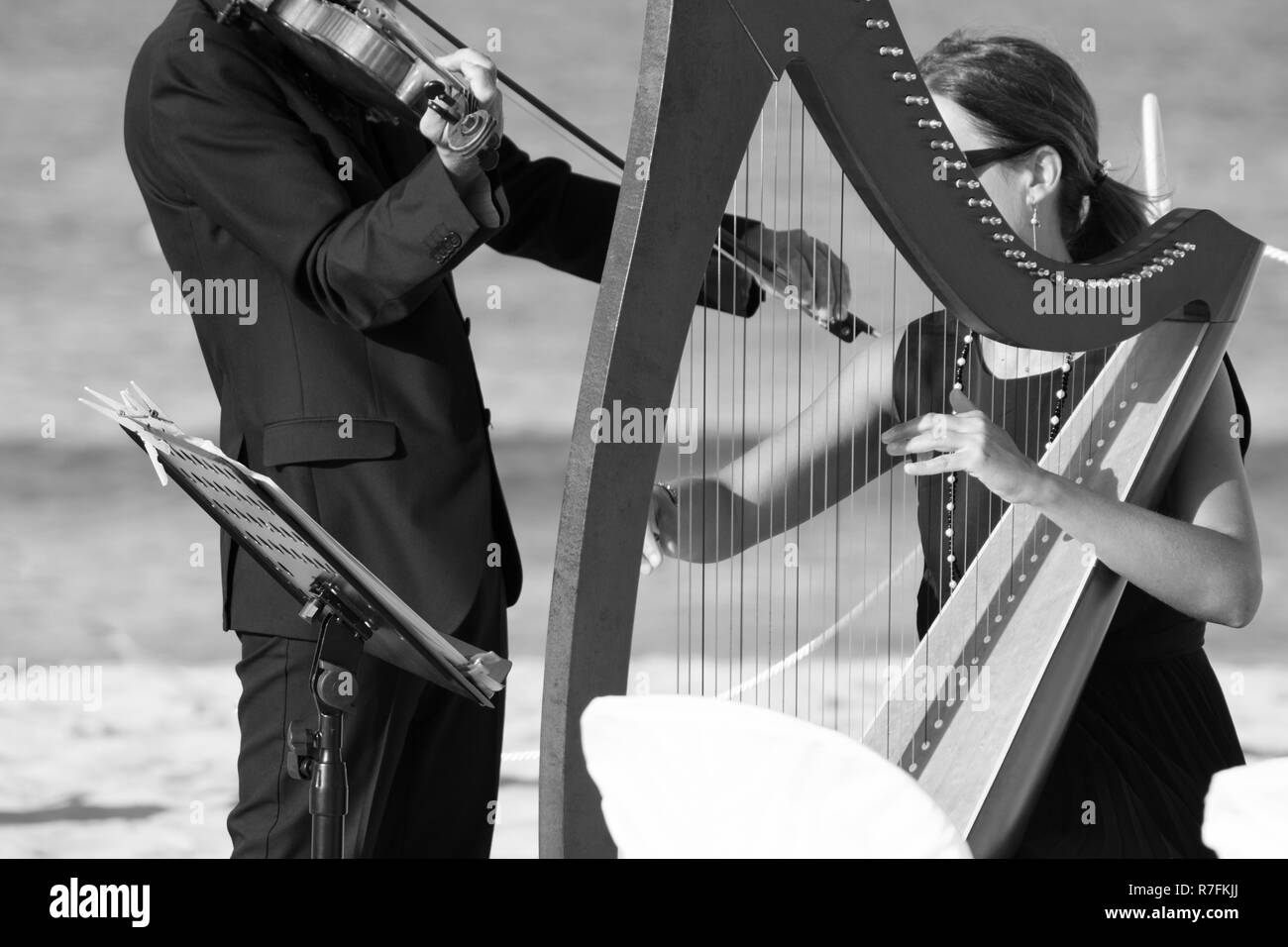 Harp and violin concert at the seaside Stock Photo - Alamy