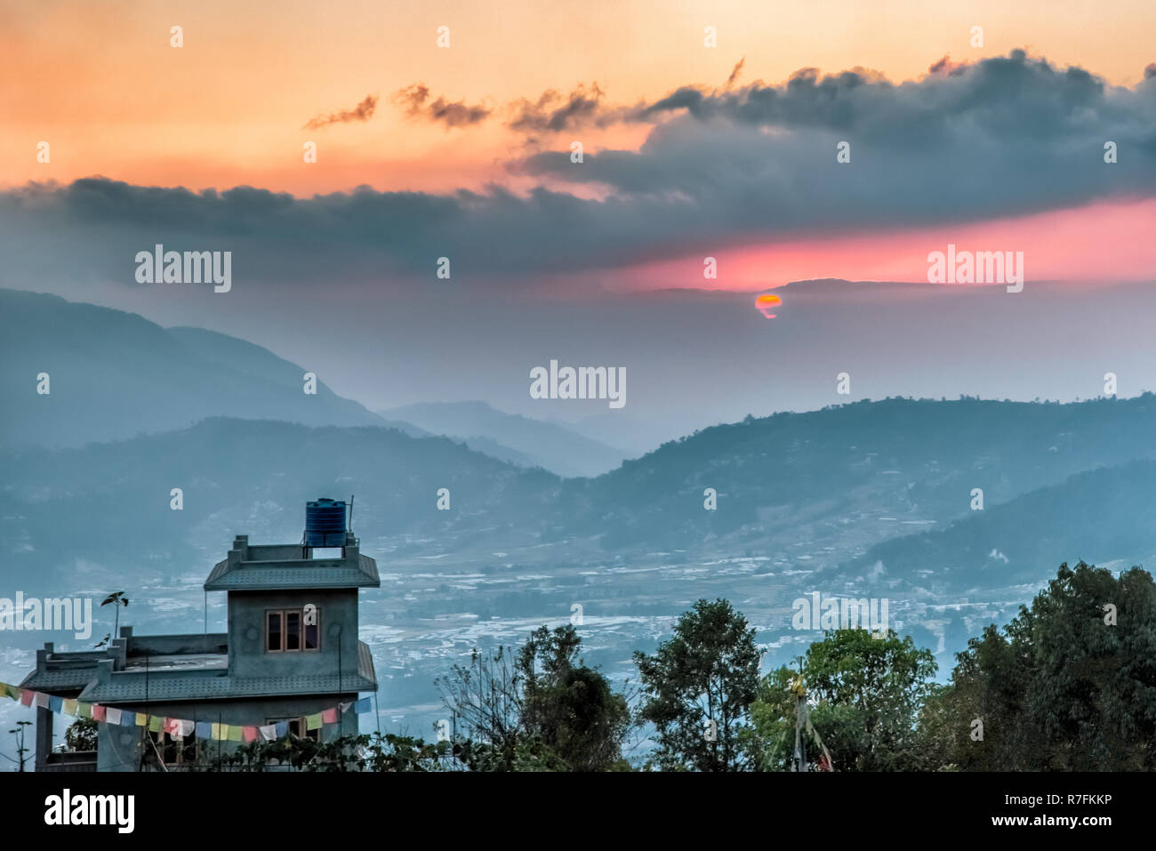 Sunset view over Kathmandu valley as viewed at Shivapuri village in ...