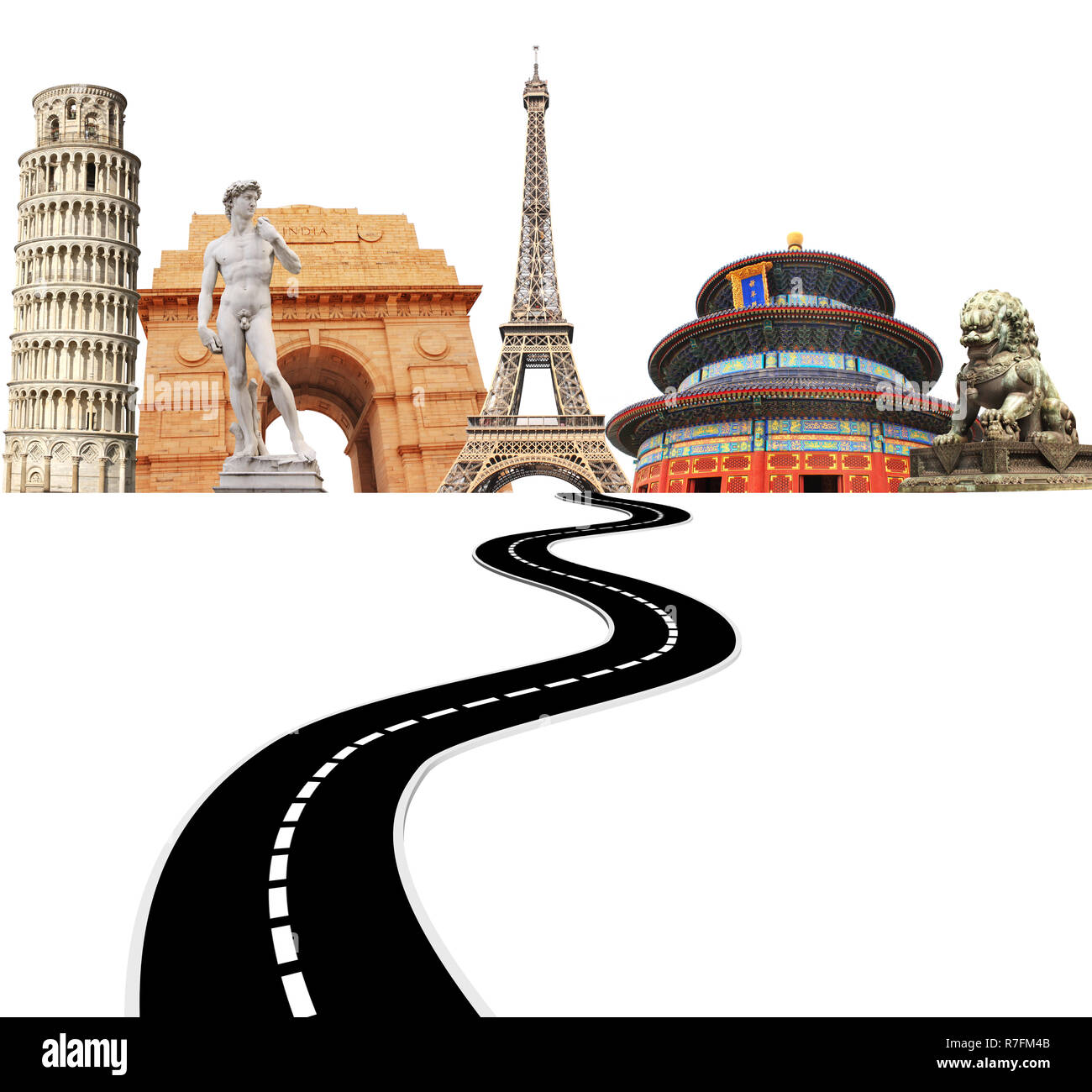 Famous monuments of the world and road. Isolated on white background ...