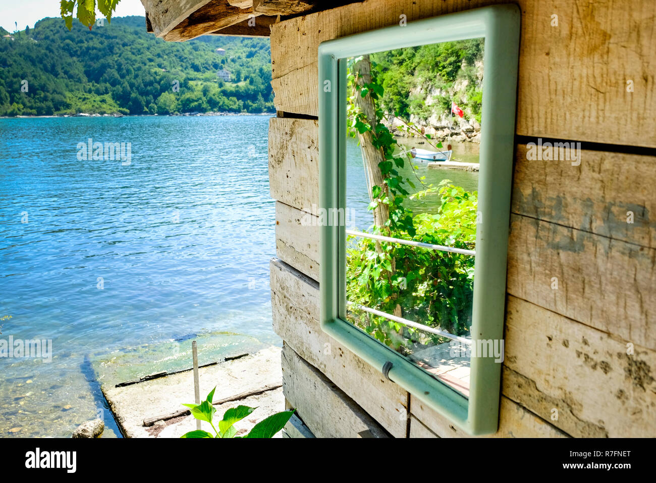 Lake reflection on a mirror Stock Photo - Alamy