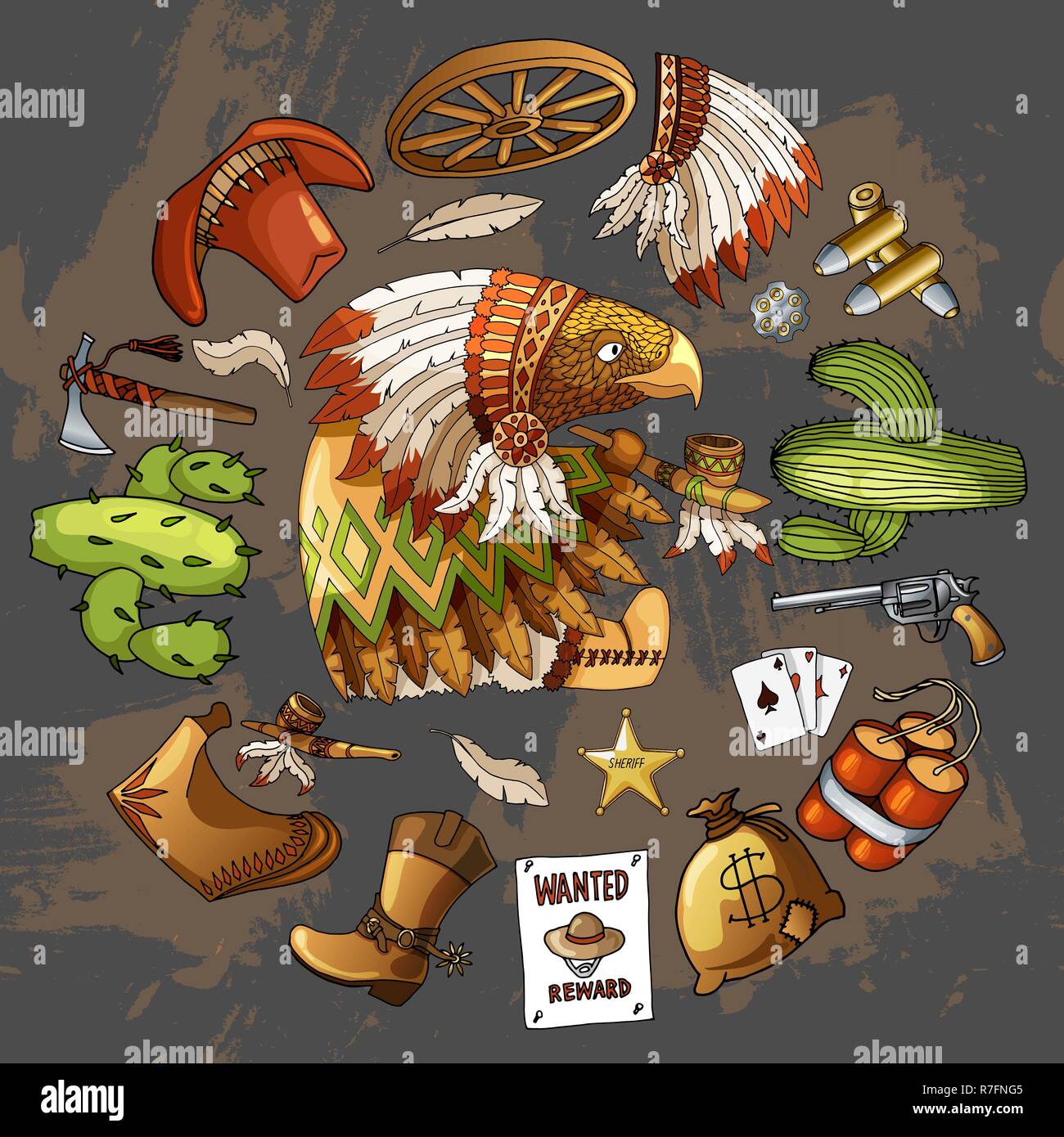 Cartoon character american eagle set of classic western items round ...