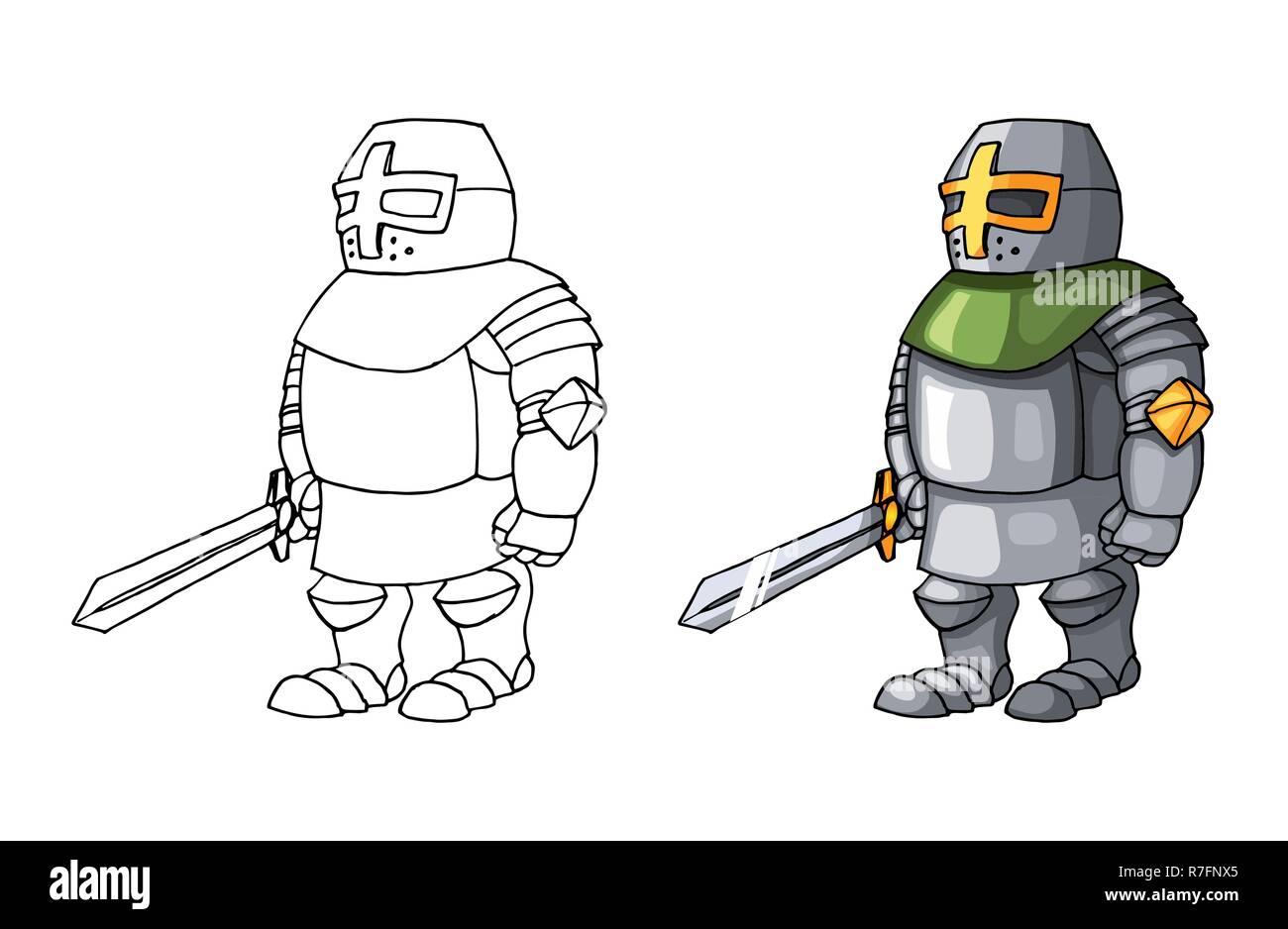 Cartoon medieval confident knight with sword, isolated on white ...