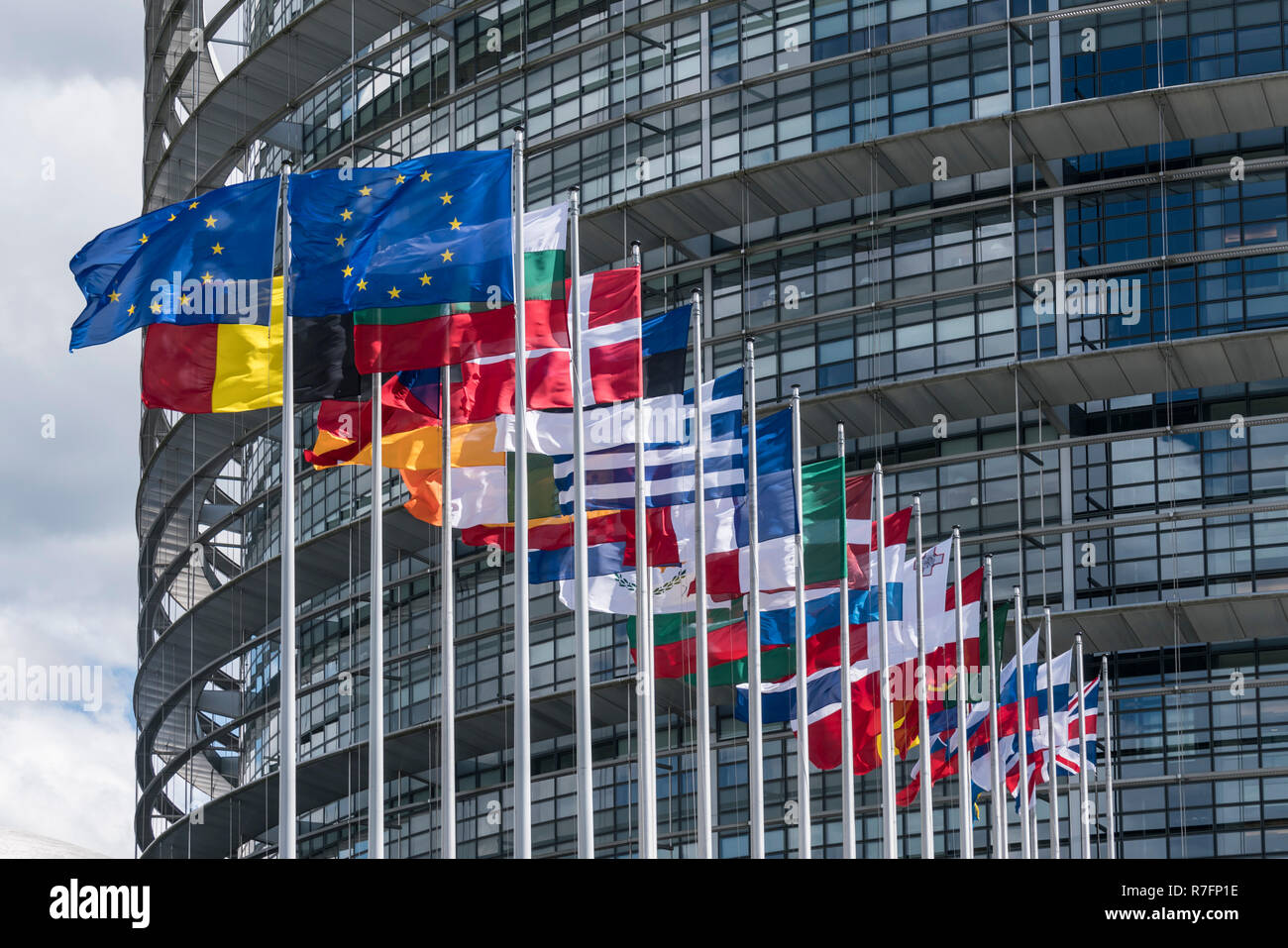 Flags of europian nations in front of EU parliament in Strasbourg Stock ...