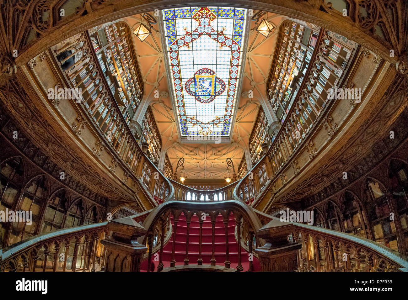famous Lello Bookshop, interieur, stairs, ceiling, Porto Portugal Stock ...