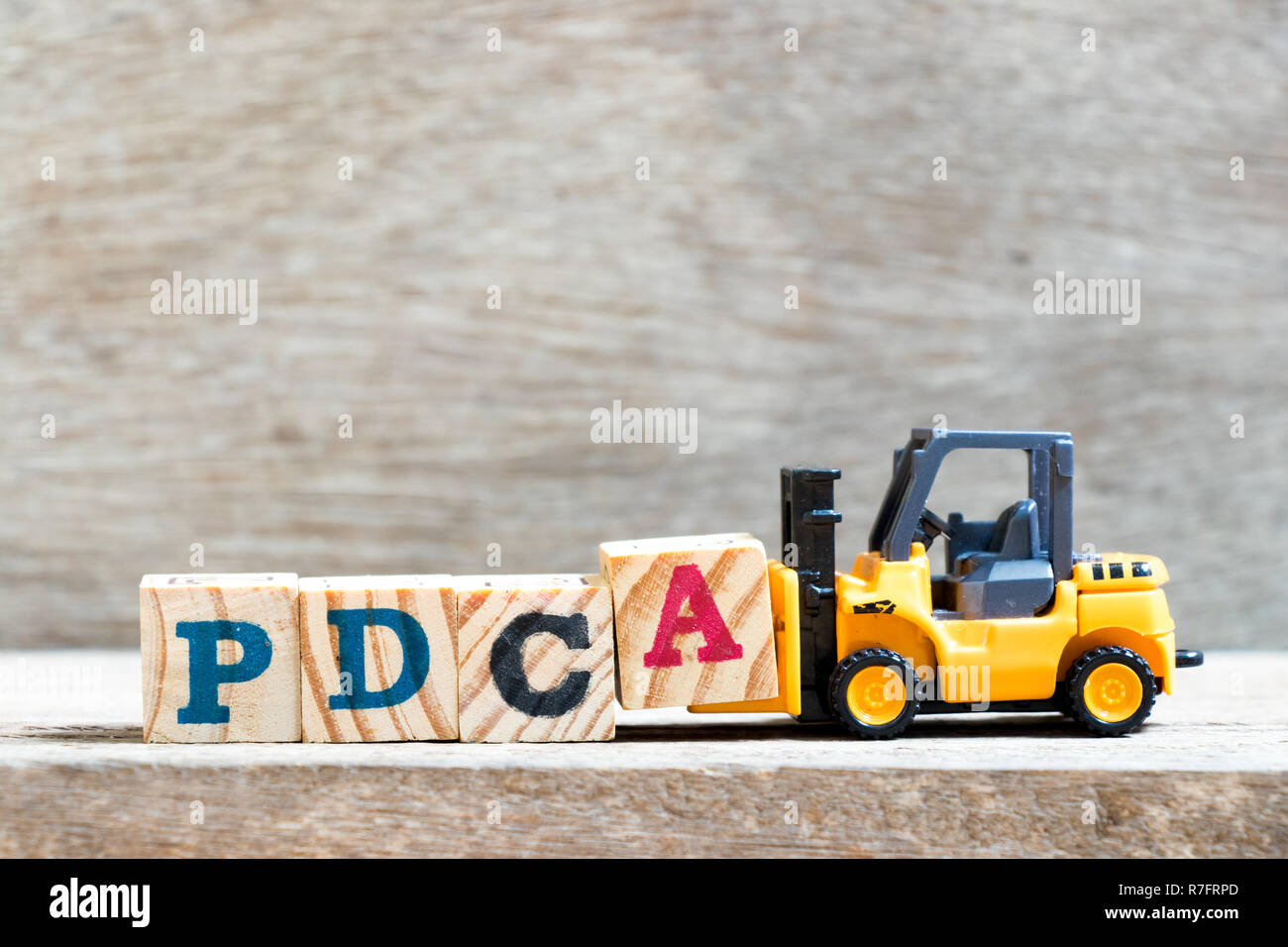 Toy Forklift Hold Letter Block A To Complete Word Pdca Plan Do Check Act On Wood Background