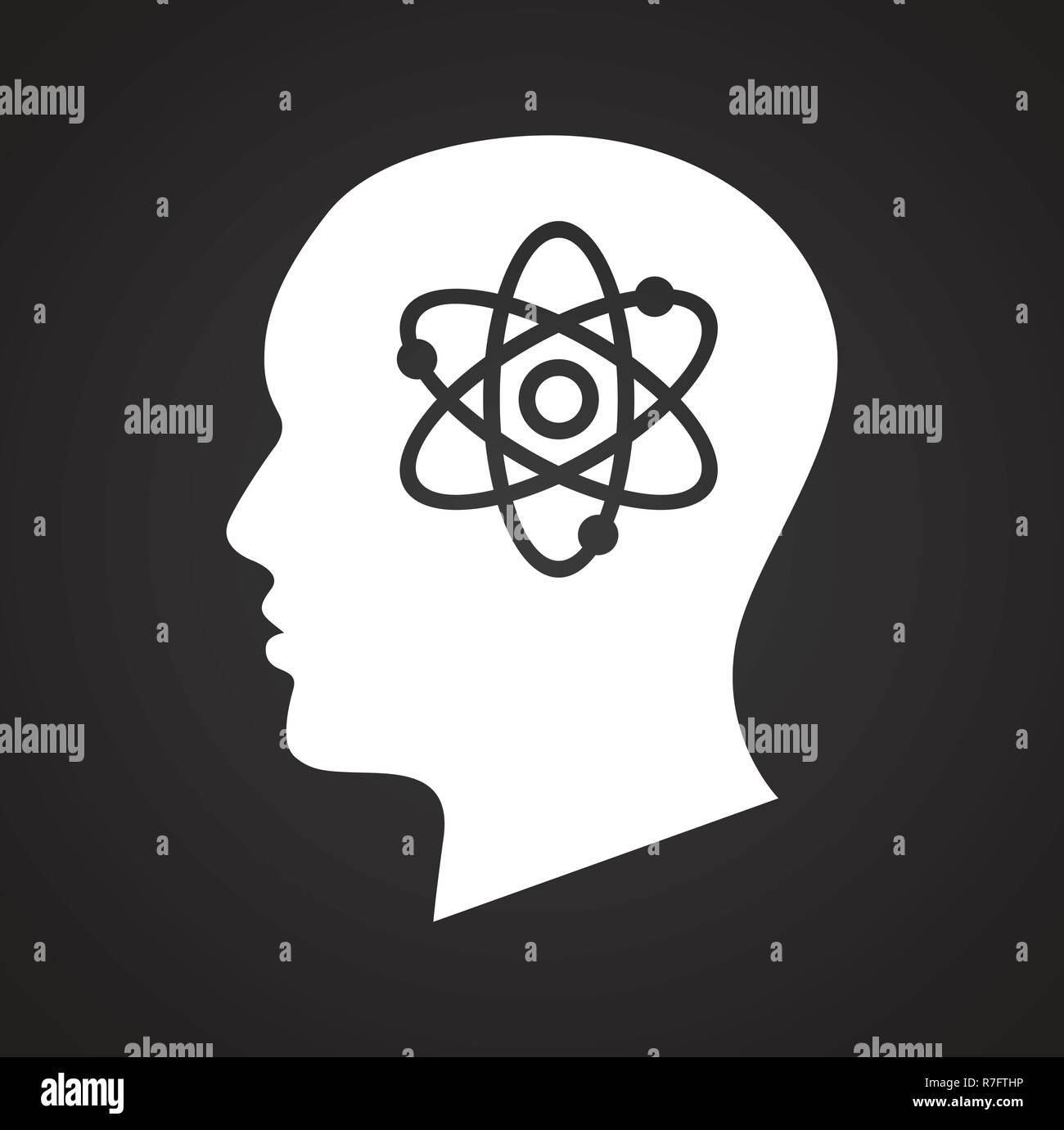 Human head with atom icon on black background for graphic and web ...