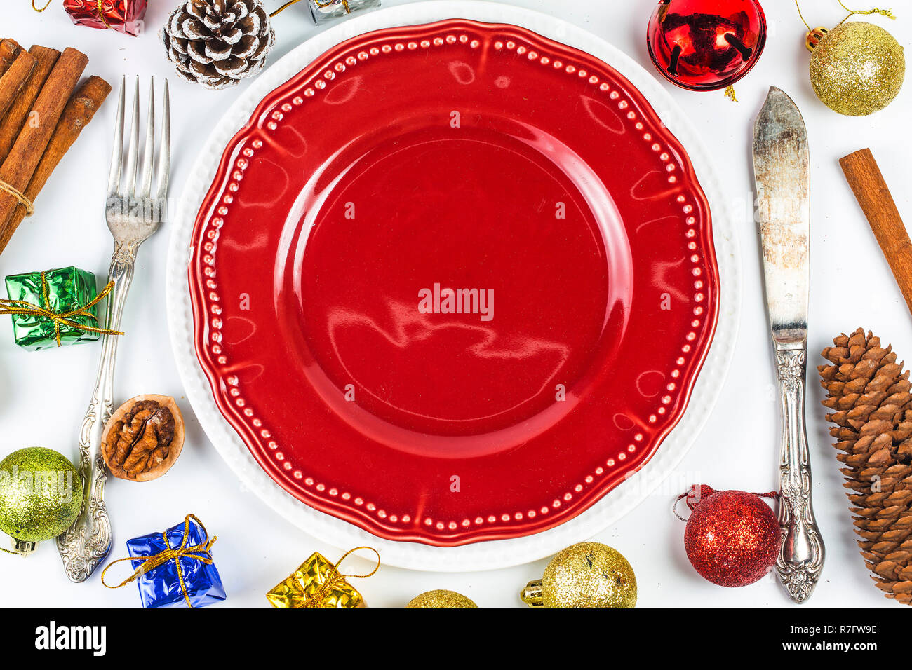 Christmas table setting with christmas decorations,. Top view ...