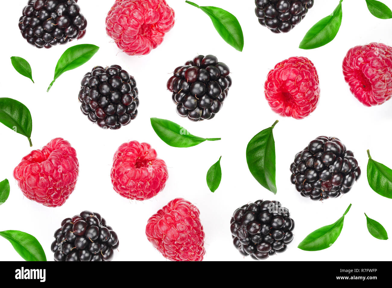 blackberry and raspberry with leaves isolated on white background. Top ...