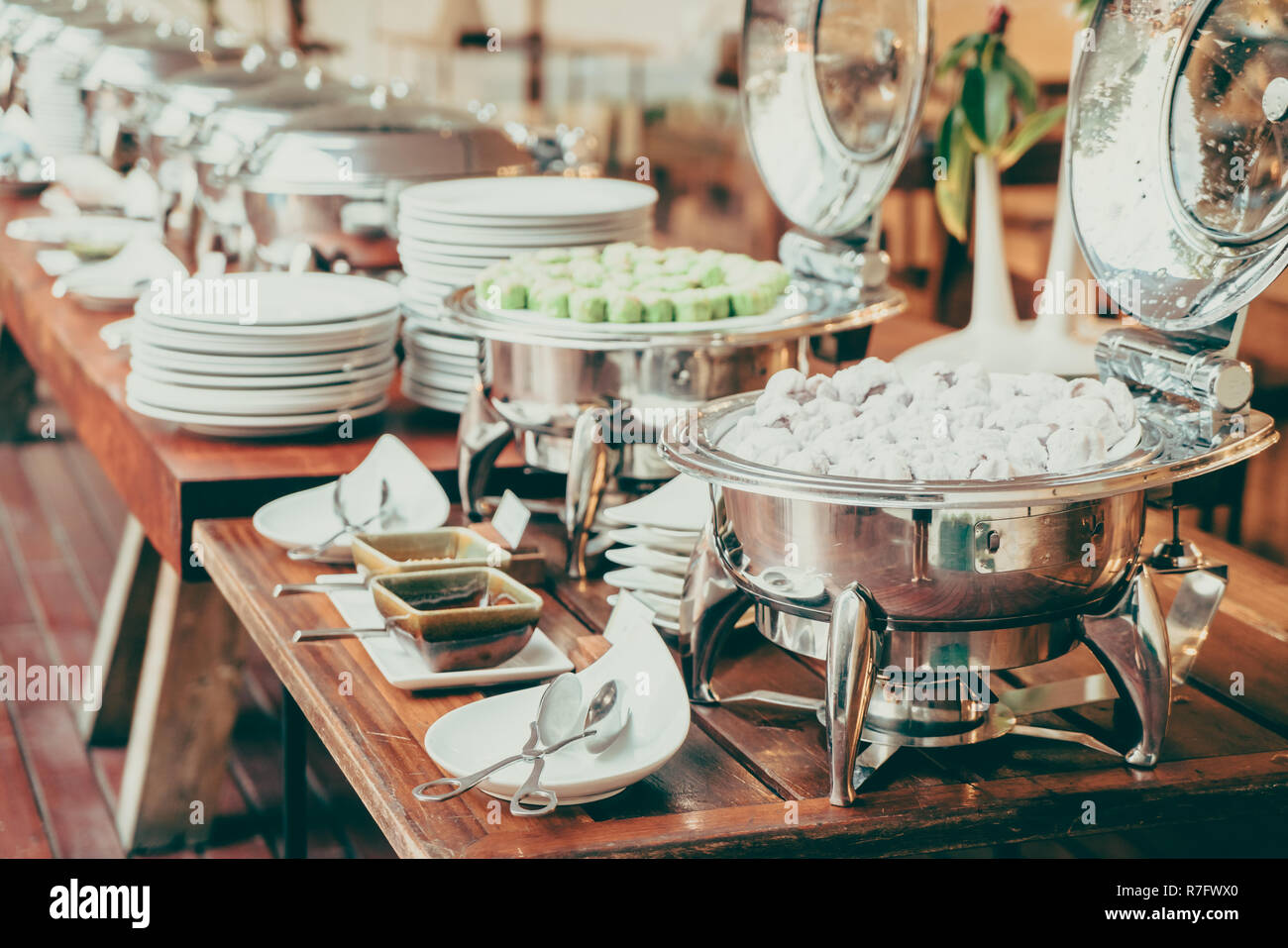 Selective focus point on Catering buffet in hotel restaurant - Vintage ...