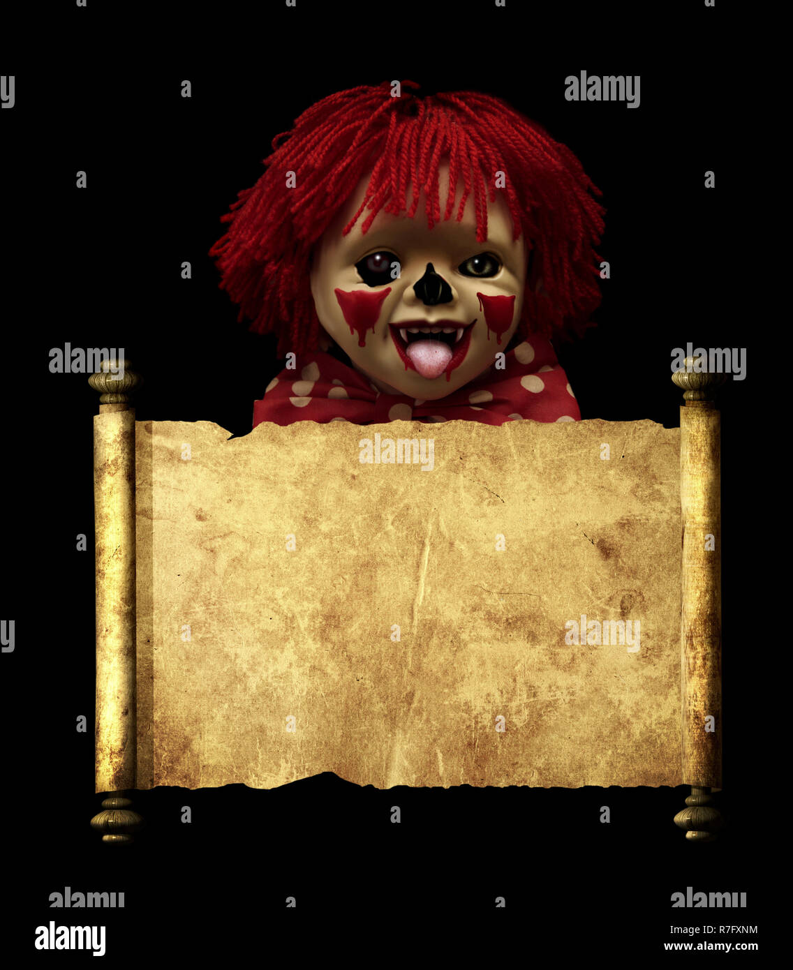 Spooky clown and vintage scroll. Isolated on black background. 3d ...