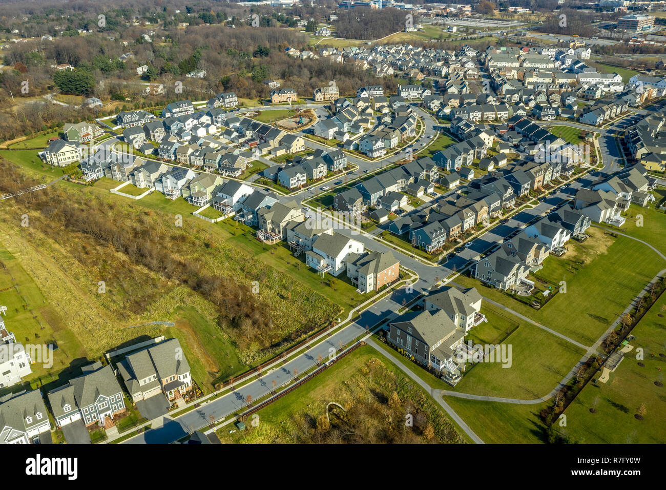 Aerial view of typical American upper middle class single family home ...
