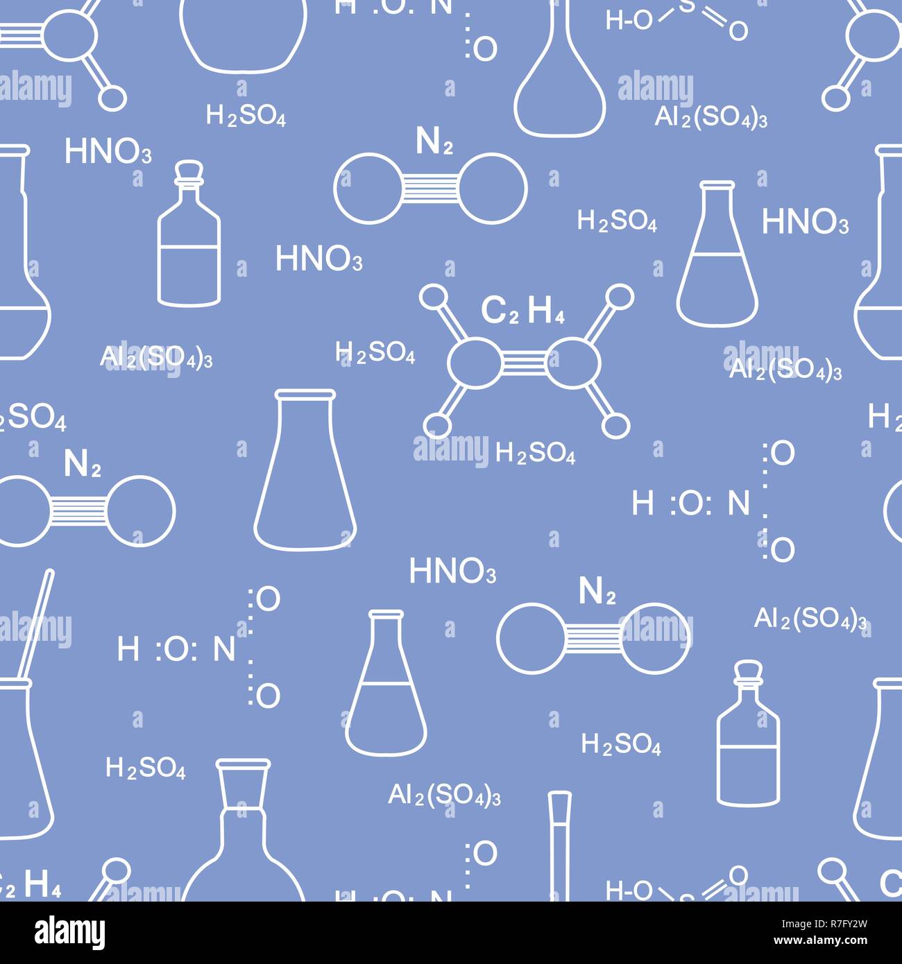 Scientific vector seamless pattern with flasks, beakers, molecule ...