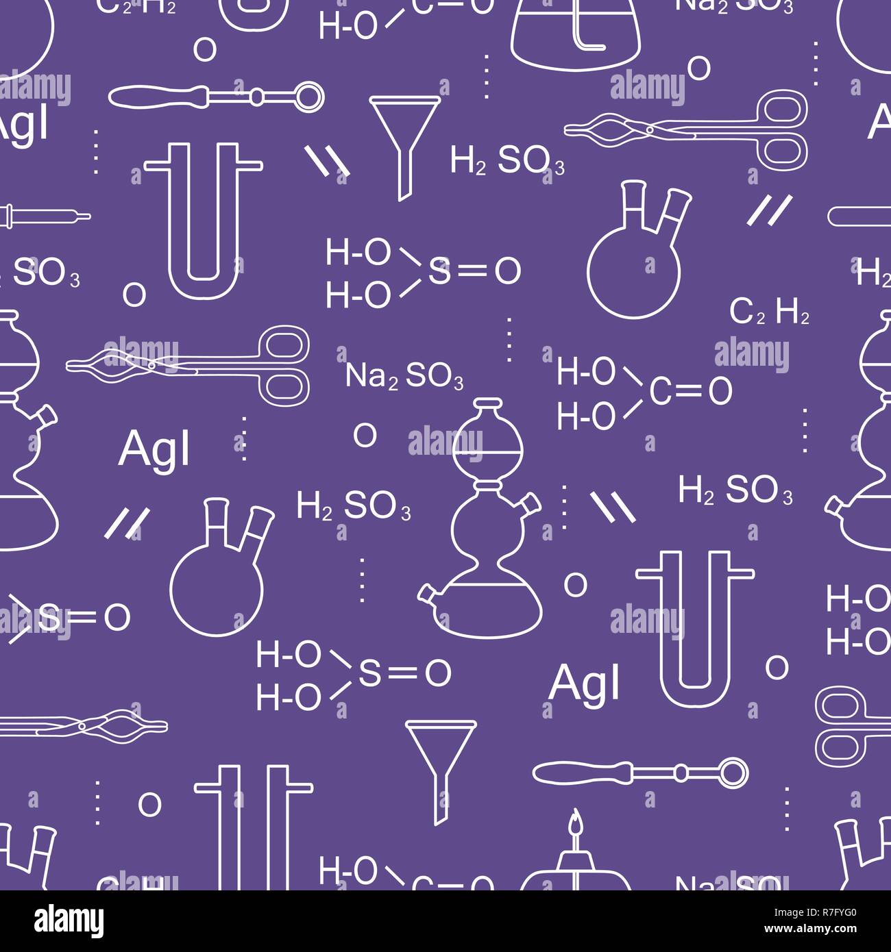 Scientific vector seamless pattern with flasks, burners, funnels, tools ...