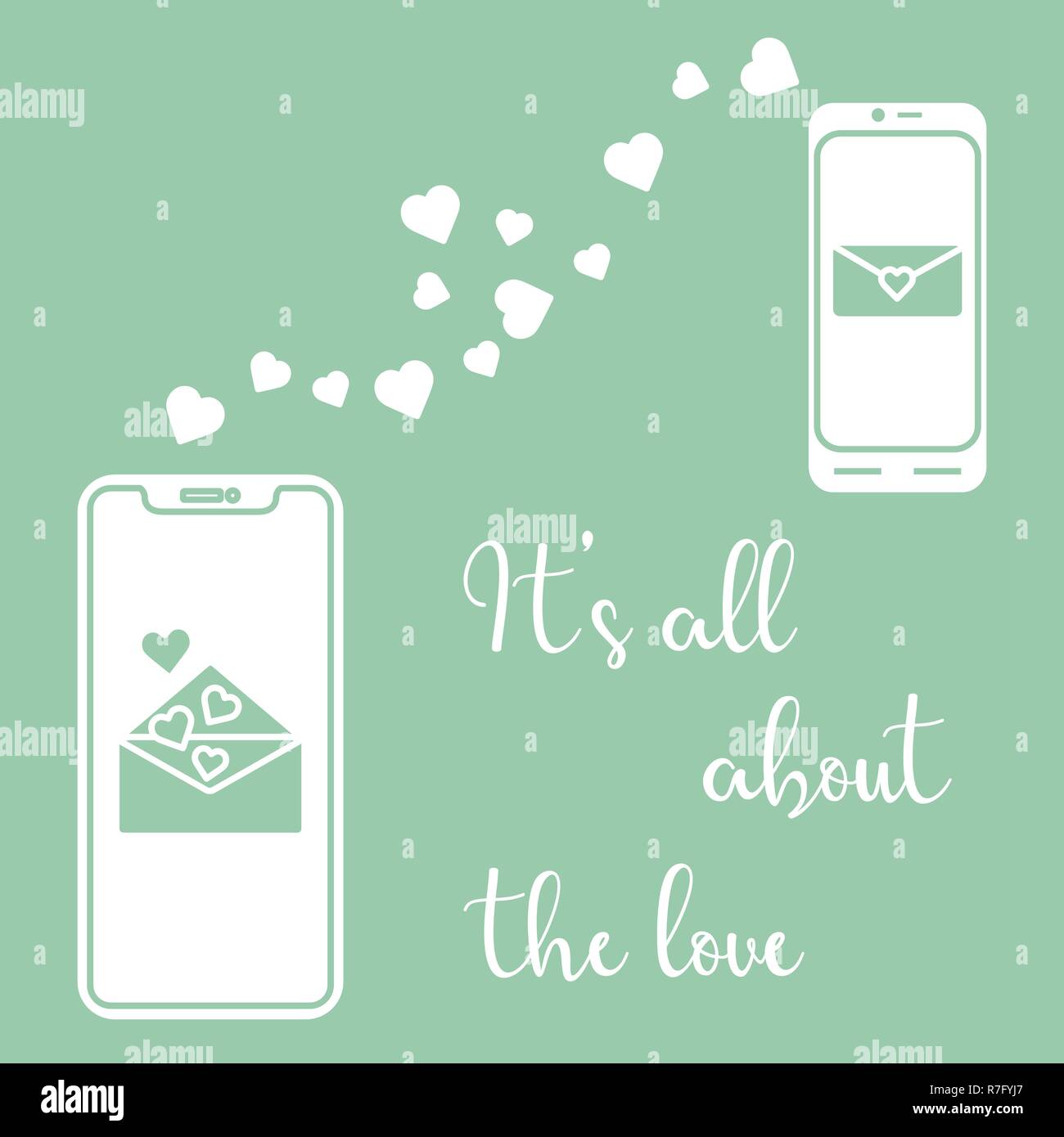 Vector illustration with two mobile phones, hearts and love ...