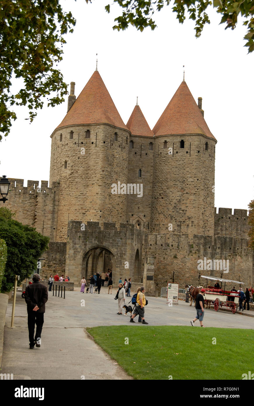 The main gates leading into the Castle at Carcassonne. It is a French ...
