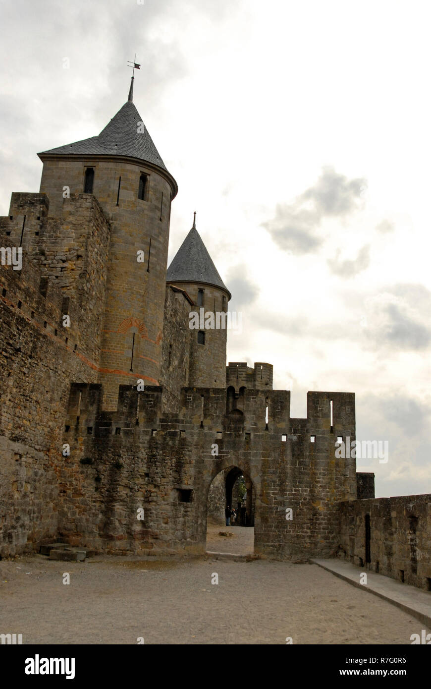 The well preserved fortified double defence walls of the castle at ...