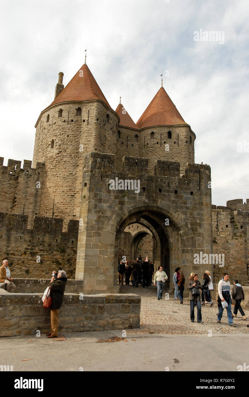 The main gates leading into the castle at Carcassonne. It is a French ...