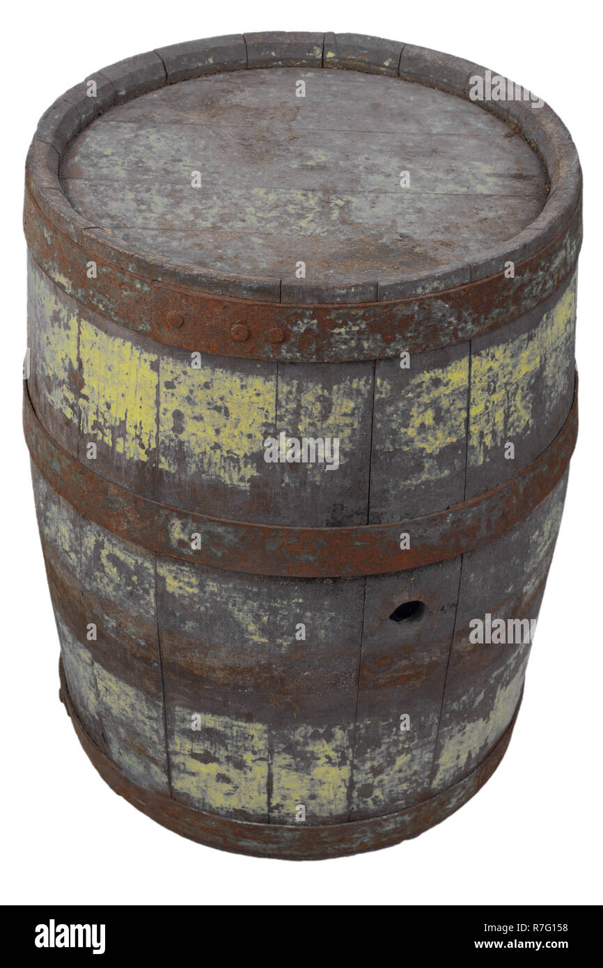 old rusty wooden barrel with remnants of yellow paint isolated on white ...
