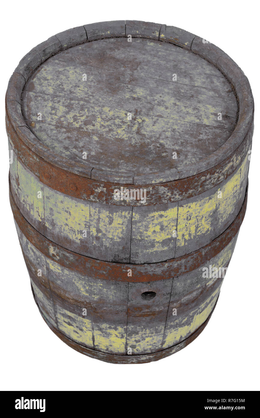 old rusty wooden barrel with remnants of yellow paint isolated on white ...