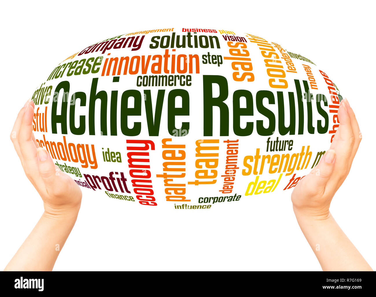 Achieve Results word cloud hand sphere concept on white background ...