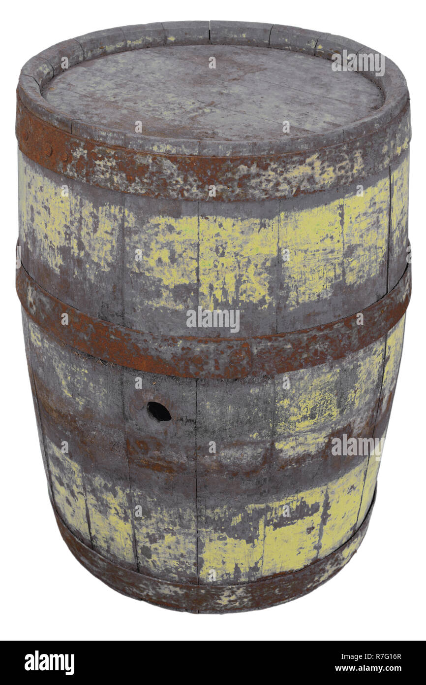 old rusty wooden barrel with remnants of yellow paint isolated on white ...