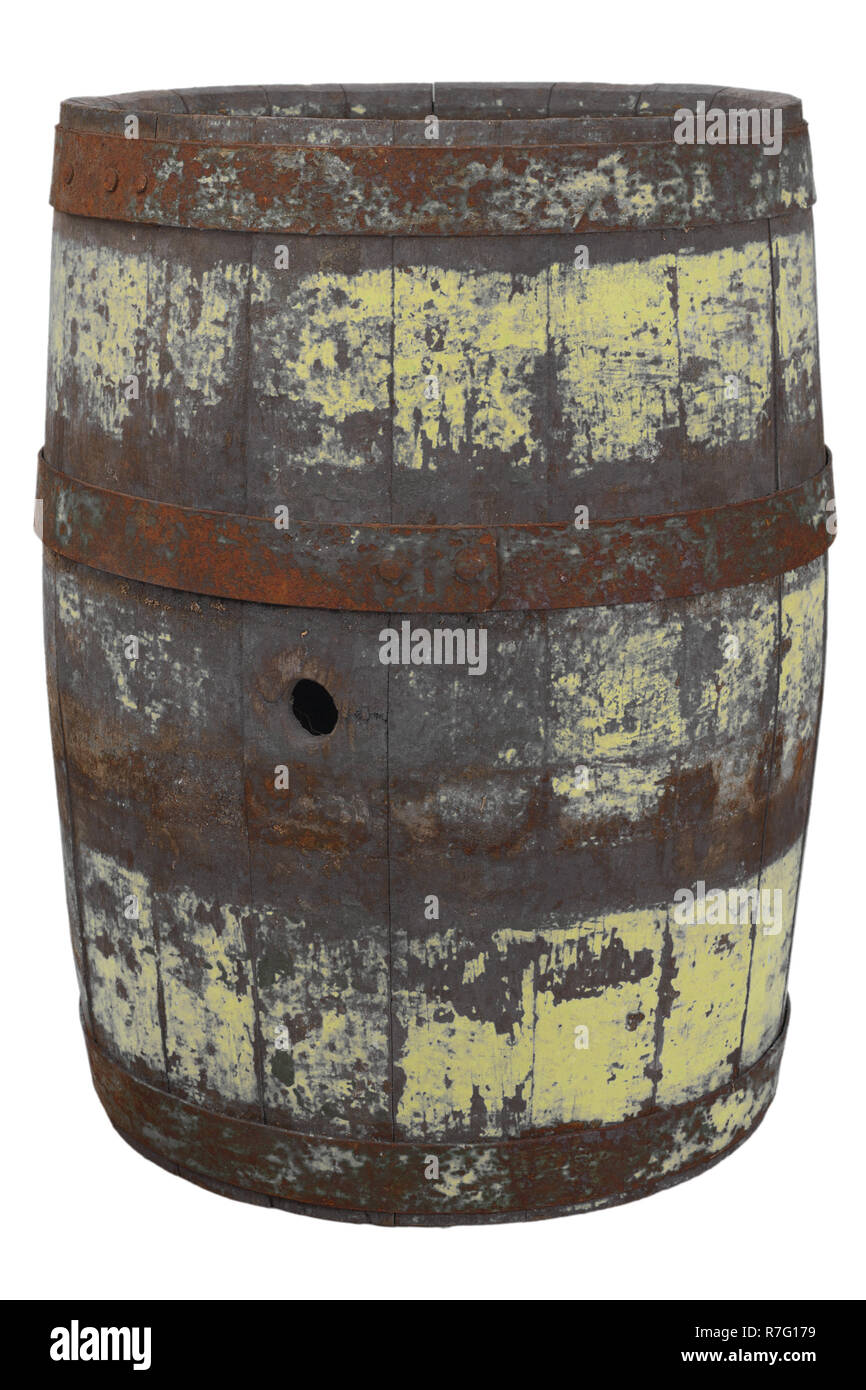old rusty wooden barrel with remnants of yellow paint isolated on white ...
