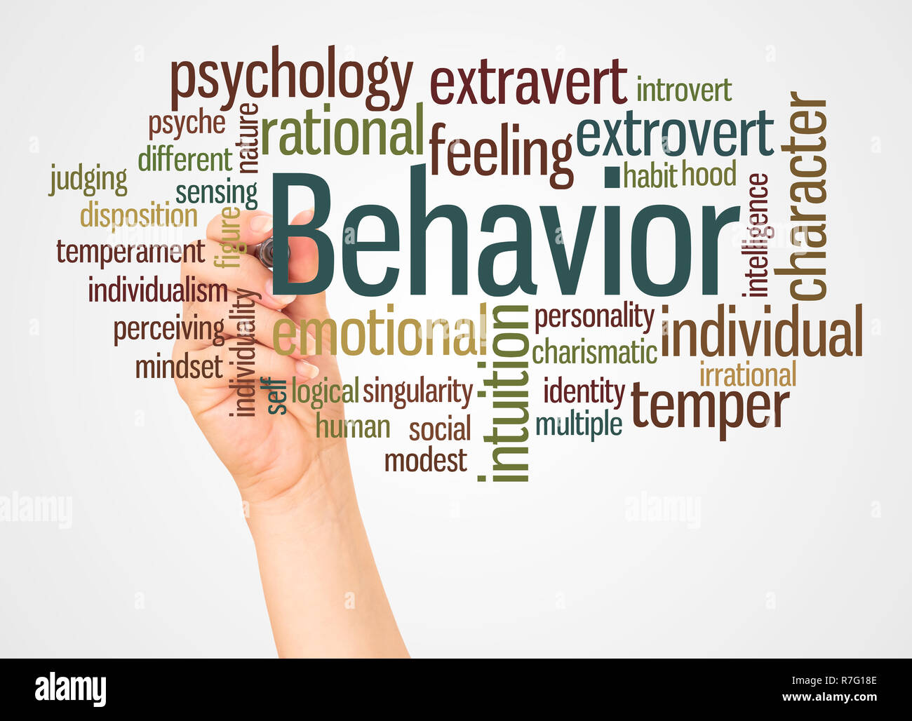 Behavior word cloud and hand with marker concept on white background ...