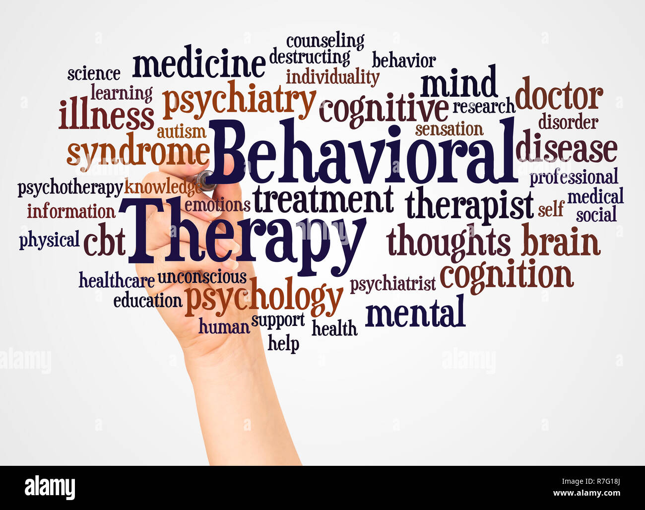Behavioral Therapy word cloud and hand with marker concept on white ...