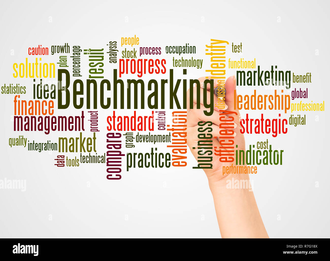 Benchmarking word cloud concept on white background Stock Photo - Alamy