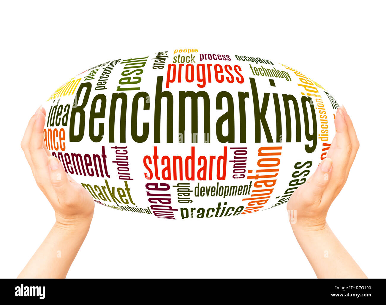 Benchmarking word cloud hand sphere concept on white background Stock ...