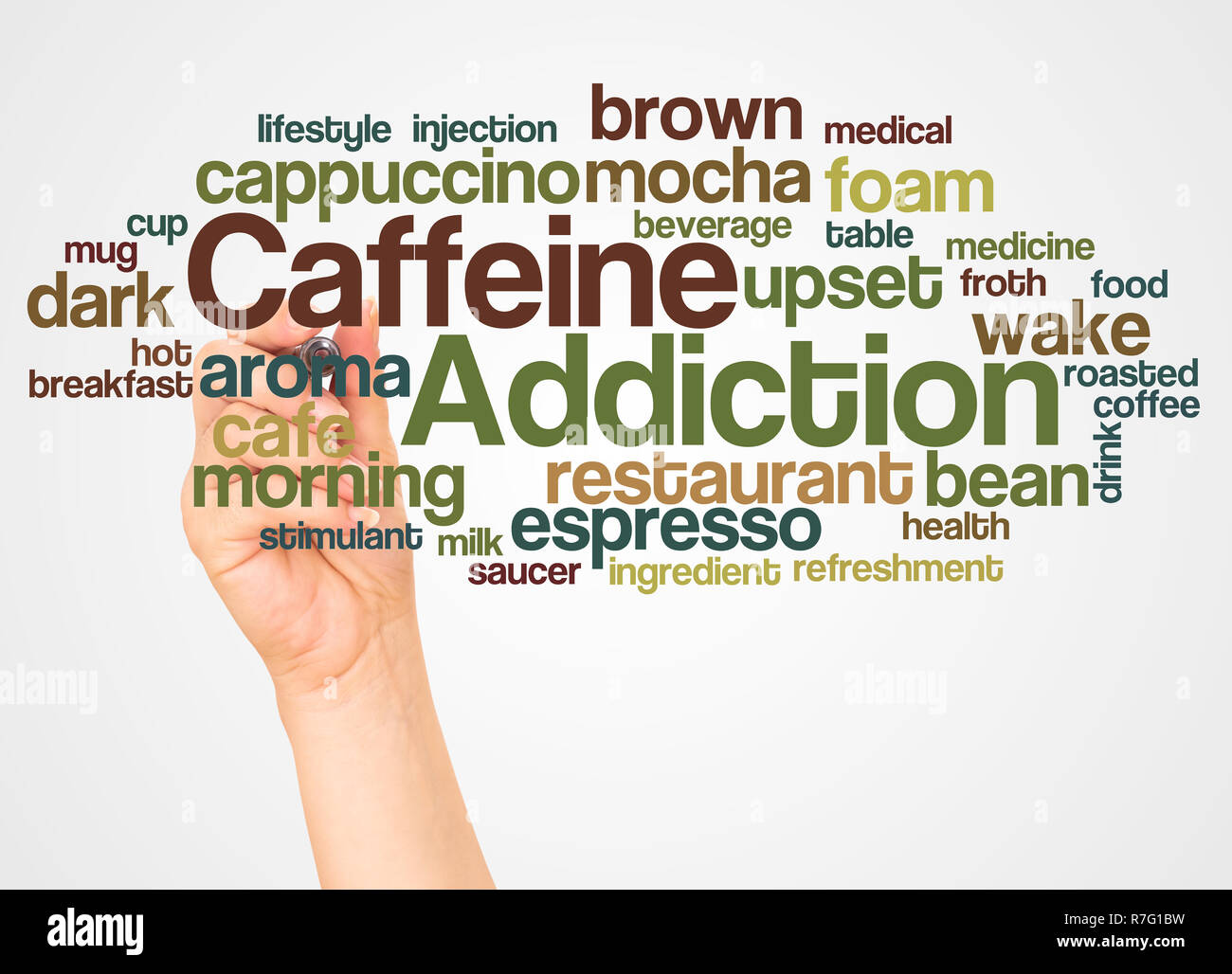 Caffeine addiction word cloud and hand with marker concept on white ...
