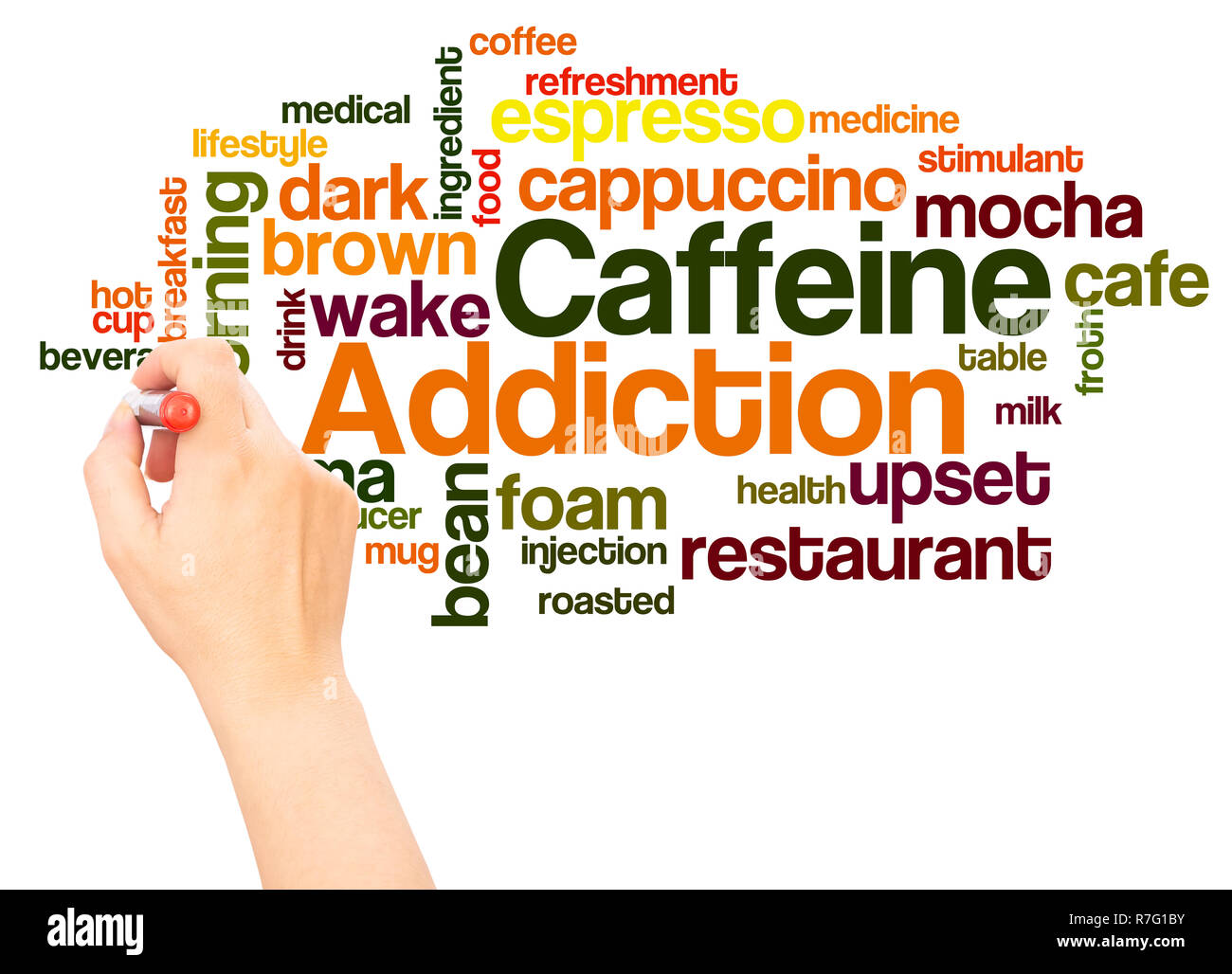 Caffeine addiction word cloud hand writing concept on white background ...
