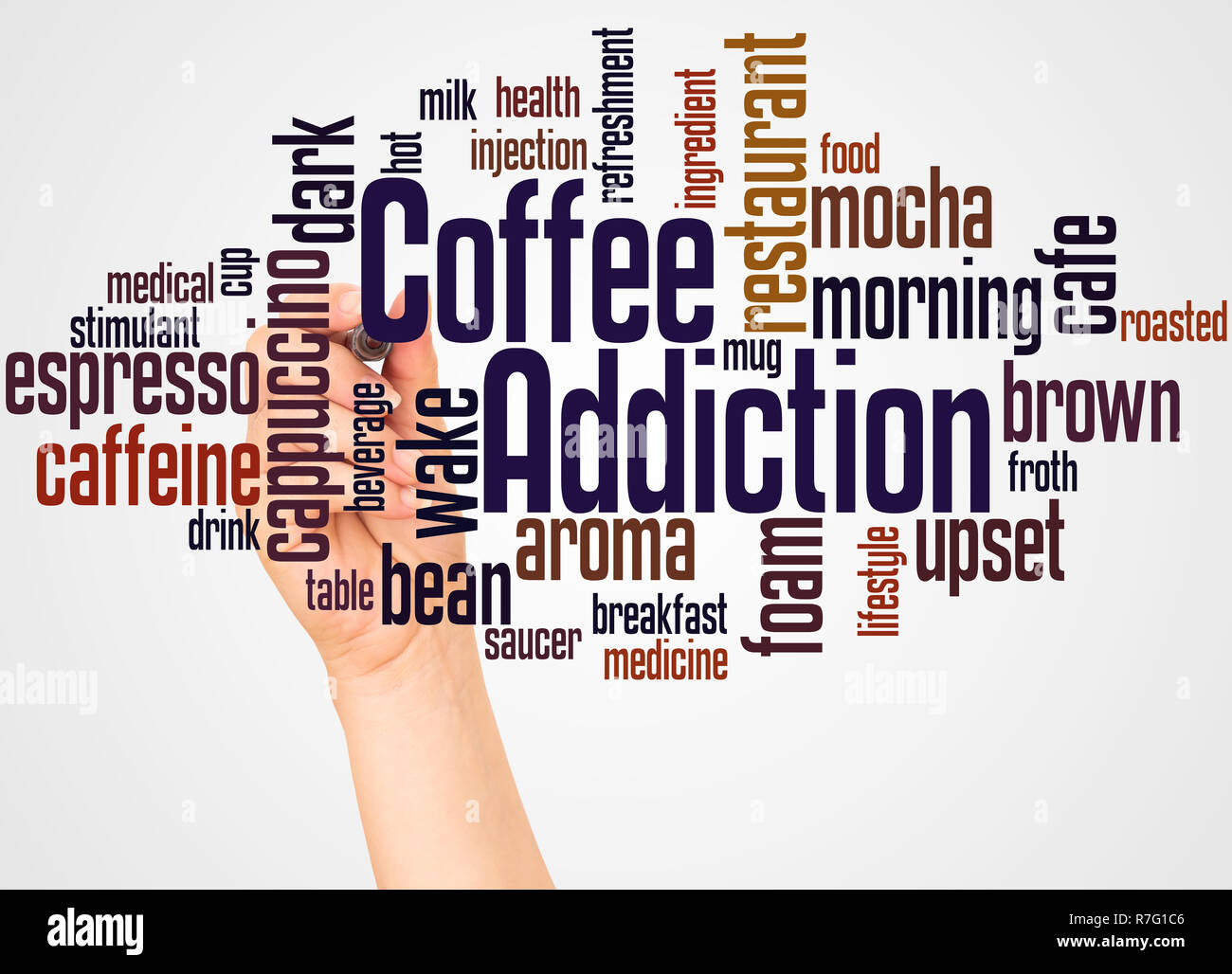 Coffee addiction word cloud and hand with marker concept on white ...