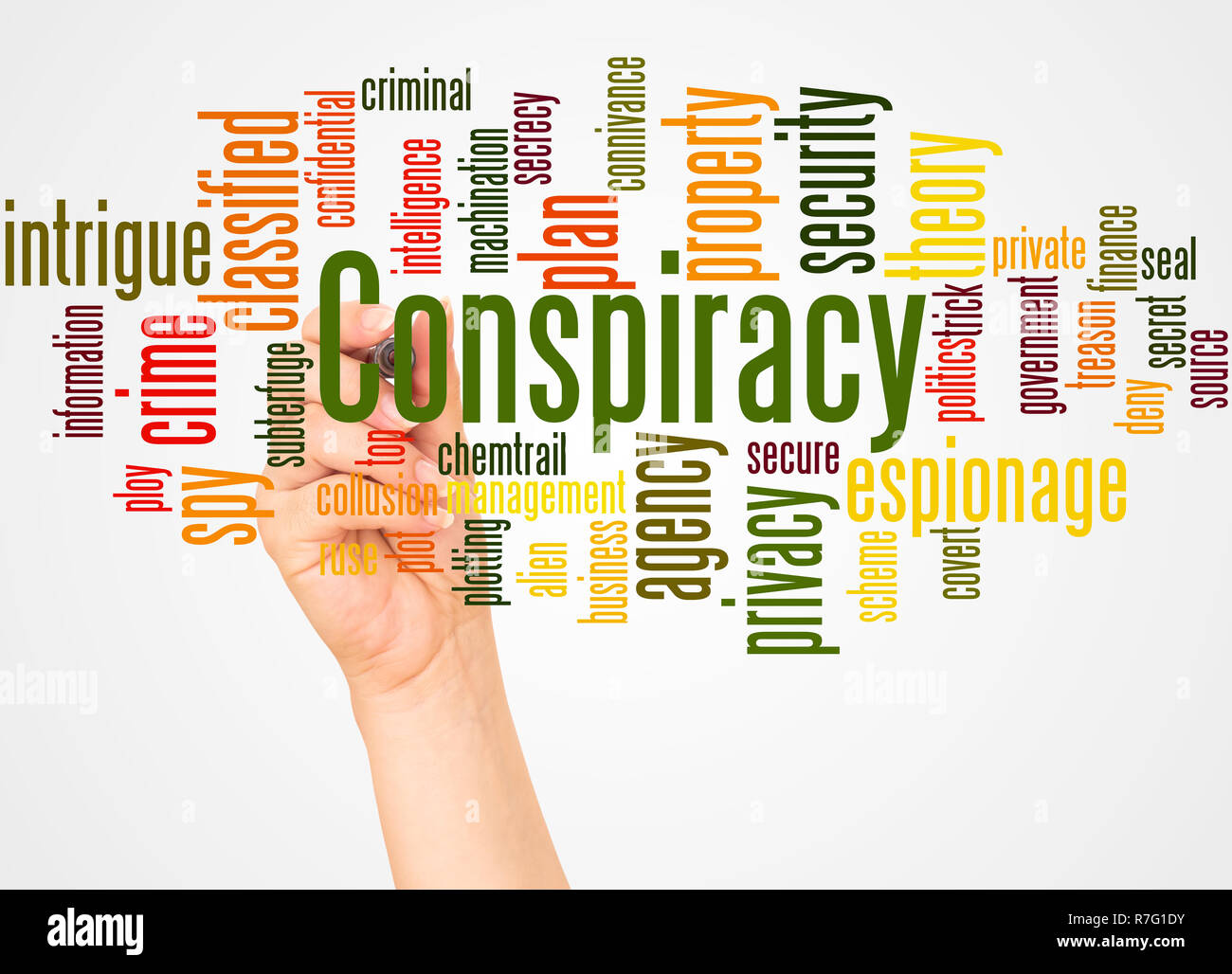 Conspiracy word cloud and hand with marker concept on white background ...