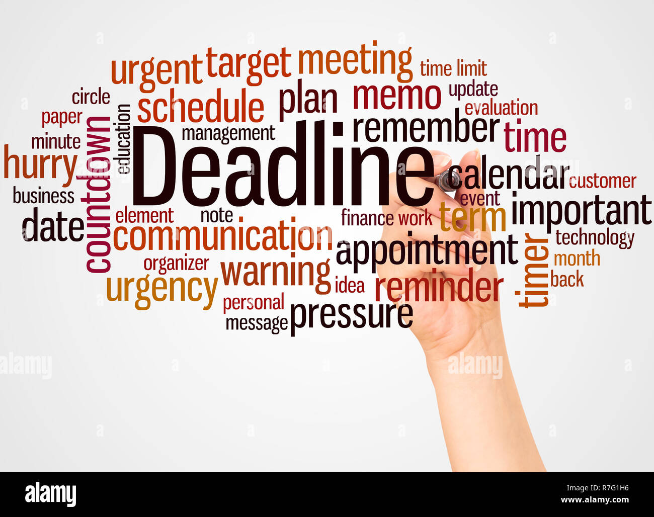 Deadline word cloud and hand with marker concept on white background ...