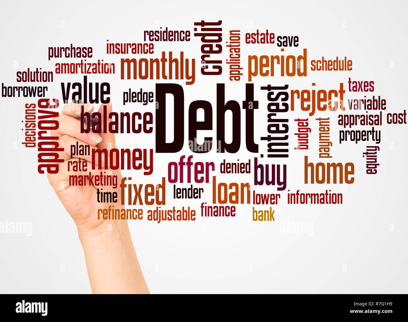 Debt word cloud and hand with marker concept on white background Stock ...
