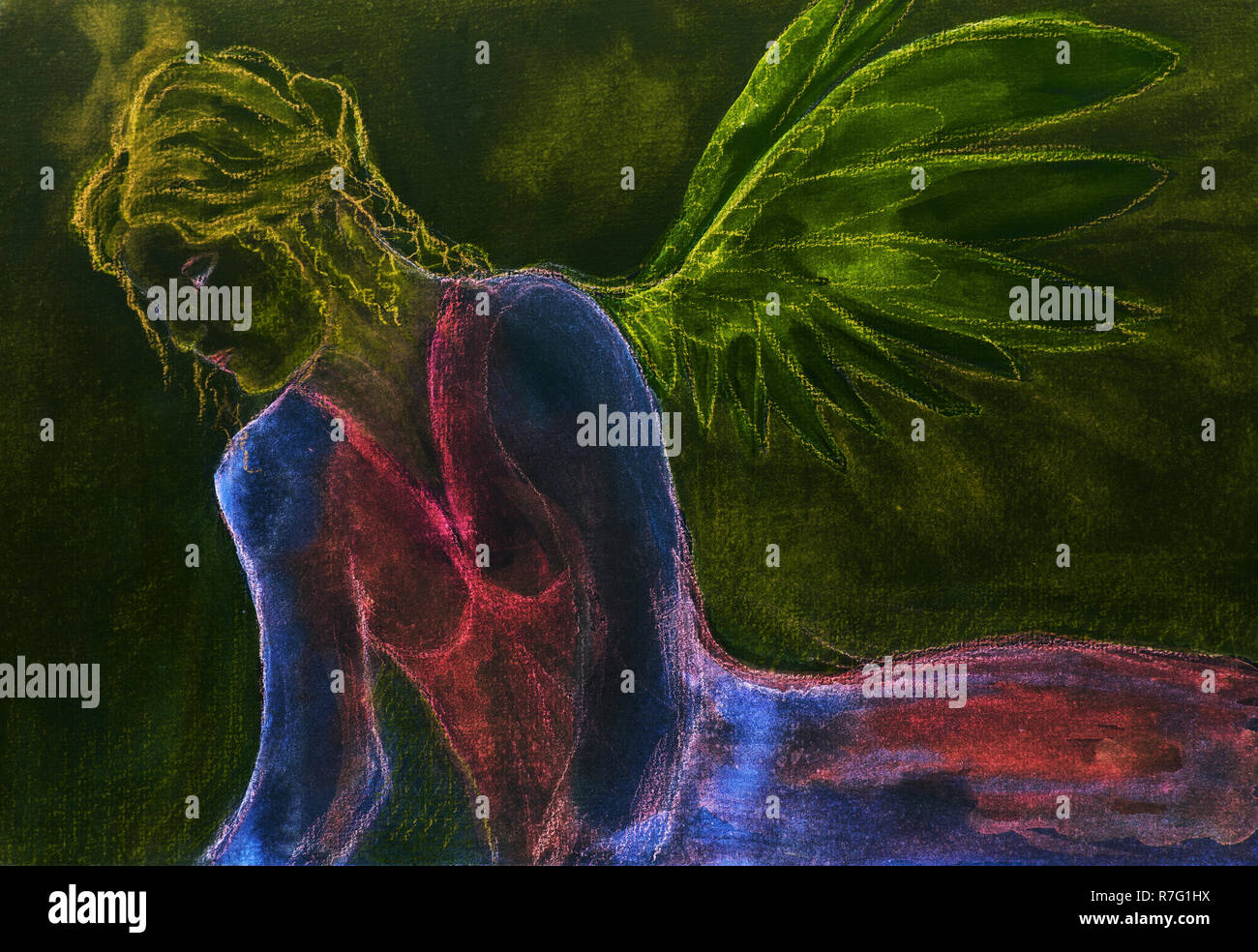 Meditating feminine black angel with aura. The dabbing technique near ...