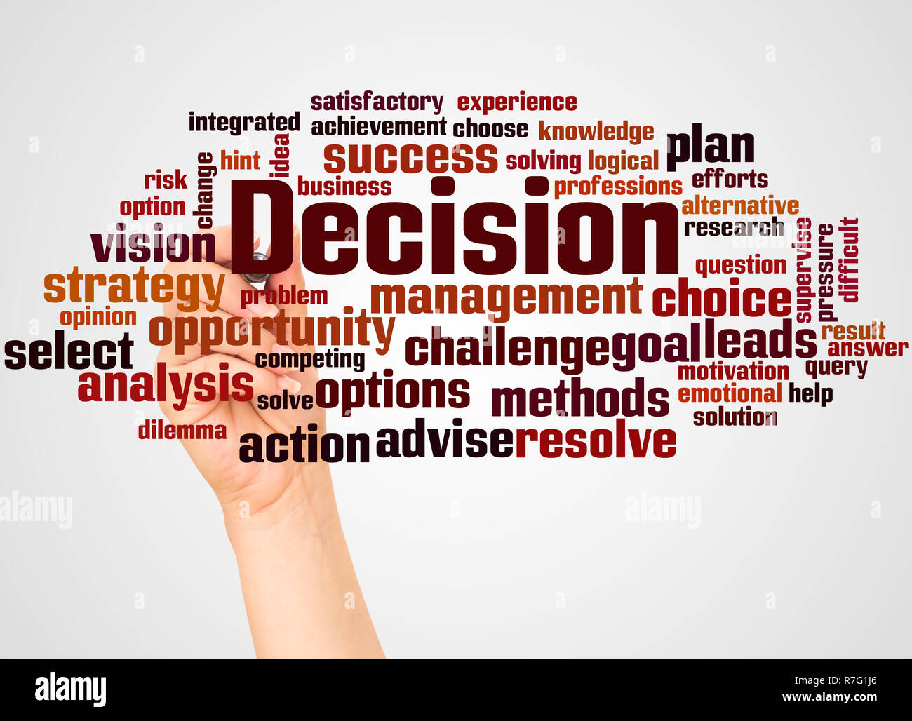 Decision word cloud and hand with marker concept on white background ...