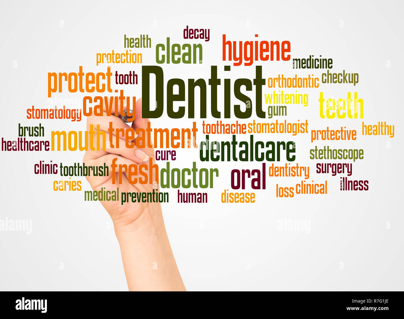Dentist word cloud and hand with marker concept on white background ...